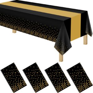 byojia 4 pack 2in1 disposable plastic tablecloths 54" x 108" black and gold dot kitchen table cloth rectangle table cover for wedding birthday baby shower anniversary christmas graduation