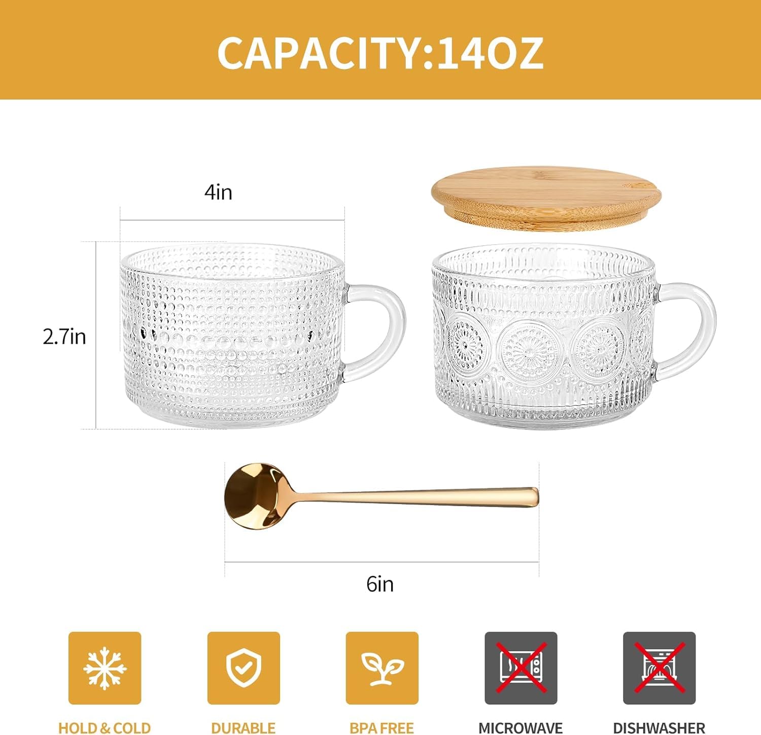 Bupto 4pcs Set Vintage Coffee Mug, Clear Patterned Glass With Handle, Bamboo Lid and Spoon -14 oz. Ideal for Latte, Milk, Overnight Oatmeal Yogurt Glass Teacups, Glassware Gifts(4 set)