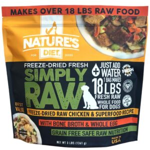 nature's diet simply raw® freeze-dried raw whole food meal - makes 18 lbs fresh raw food with muscle, organ, bone broth, whole egg, superfoods, fish oil omega 3, 6, 9, probiotics, prebiotics (chicken)