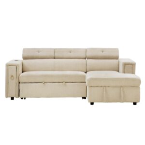 96" Multi-Functional Pull-Out Sofa Bed L-Shape Sectional Sofa with Adjustable Headrest, Wireless Charging, Cup Holders and Hidden Storage for Living Room, Bedroom, Office, Beige