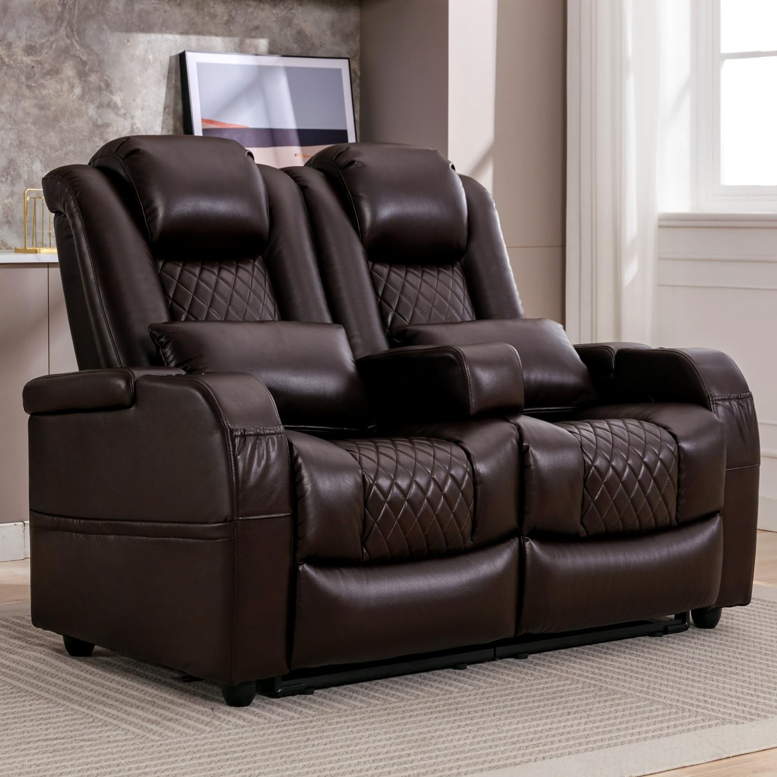 Attliahome 57" RV Loveseat Recliner, Double Recliner Furniture with 3 Arms and 2 Pillows, Wall Hugger Recliners & 135° Reclining Theater Seating (Brown PU Leather RV Couch)