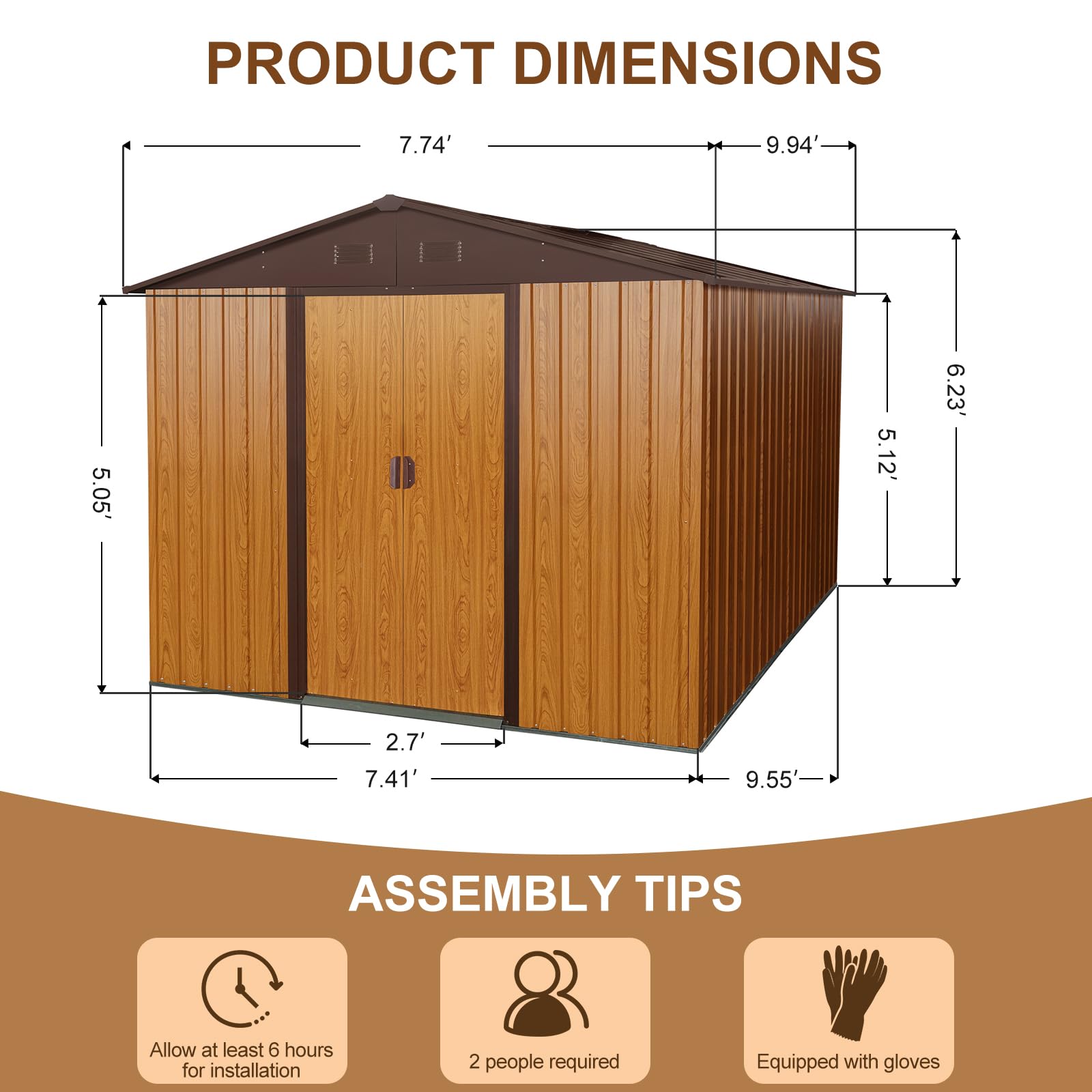 YOPTO 10x8 FT Outdoor Storage Shed, Garden Tool House with Metal Floor Base, Double Sliding Doors, Air Vents, Storage Clearance for Backyard, Patio, Garage, Lawn, Coffee