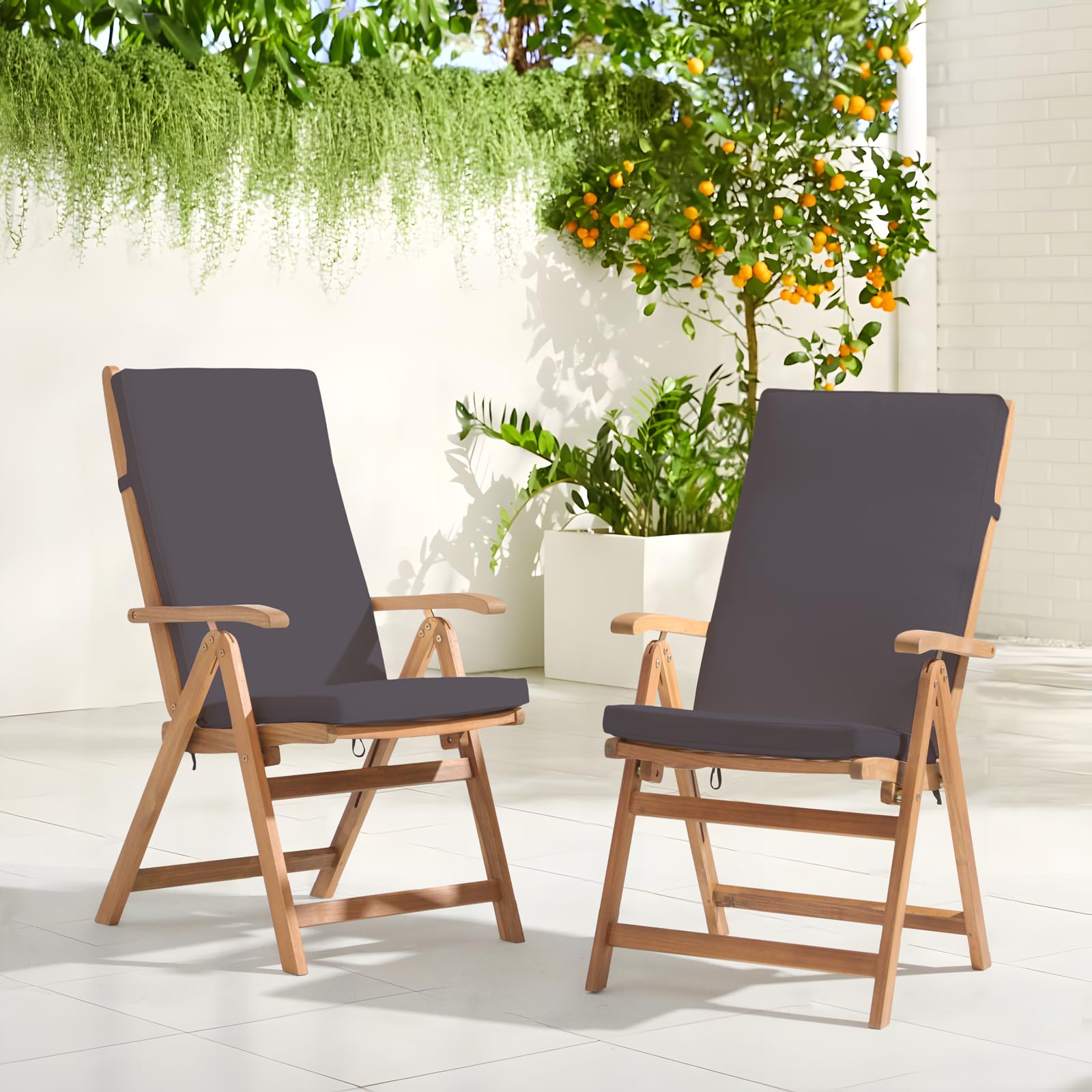 OC Orange-Casual Folding Patio Dining Chair Set of 2, Outdoor Acacia Wooden Reclining Chair w/Armrest & Removeable Cushion, FSC Certified Wood, for Porch, Backyard, Garden, Indoor, Dark Grey