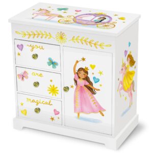 giggle & honey princess musical jewelry box for girls - kids music box with drawers, fairytale gifts for girls birthday, princess jewelry boxes for ages 3-10 - 9 x 5 x 9.3 in, white