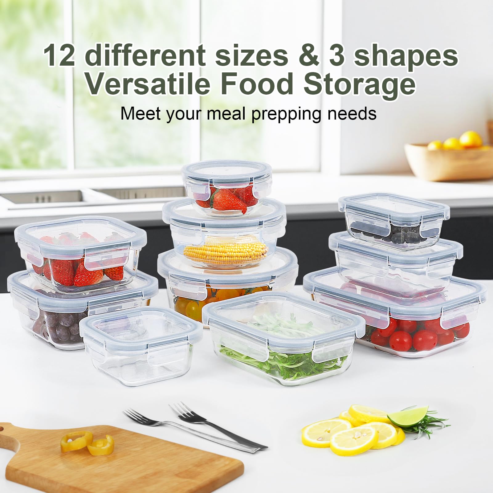 BAYZZ Glass Food Storage Containers Set, 24 Pieces Airtight Glass Meal Prep Containers with Lids,Microwave and Freezer Safe