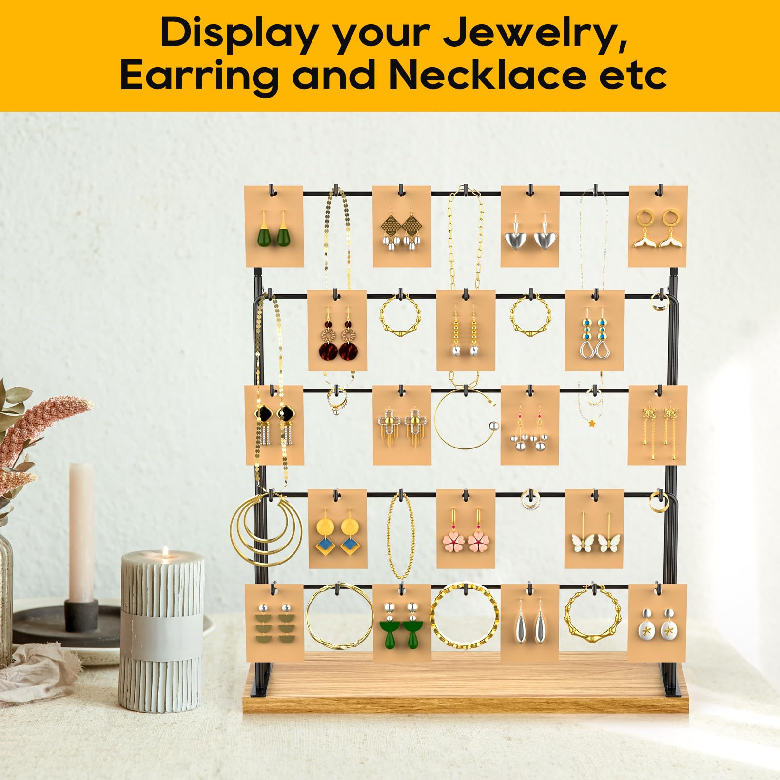 ORLESS Jewelry Display for Vendors, Earring Display Stand for Selling, Necklace Display Stands Earring Cards for Selling Bracelets, Jewelry Towers (35 Hooks)