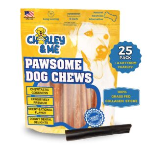 charley & me premium collagen sticks for dogs - long lasting dog treats, free dog chew sticks - hip & joint support, healthy skin, shiny coat - 100% natural beef - 6 inches (pack of 25)