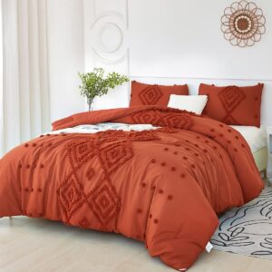 perfemet terracotta girls queen comforter set 3pcs boho burnt orange tufted comforter soft fluffy embroidery vintage bedding sets boho rust farmhouse bed set for all season use(terracotta, queen)