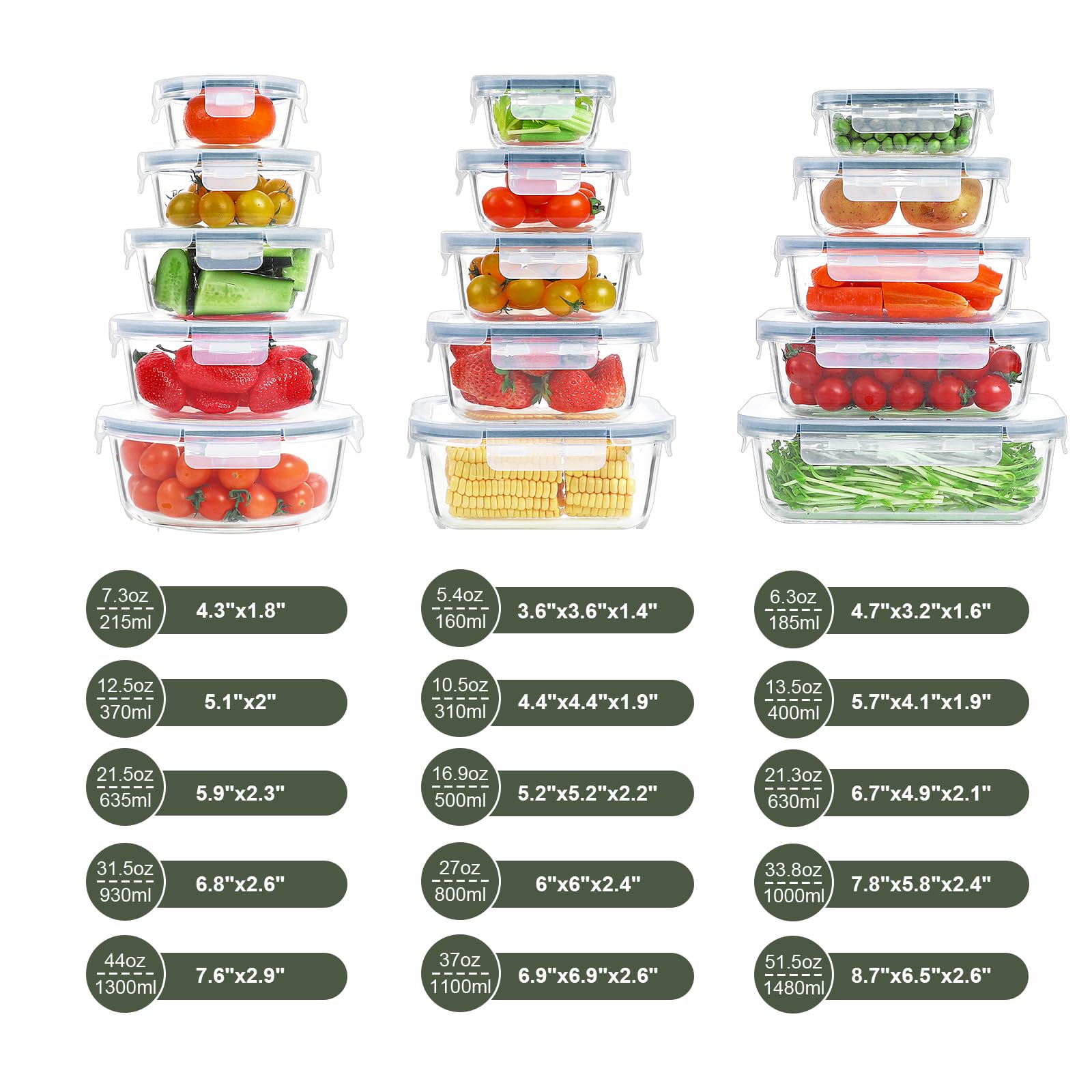 BAYZZ 30 Pieces Glass Meal Prep Containers, Airtight Glass Food Storage Containers, Glass Lunch Containers with Lids, Microwave and Dishwasher Friendly