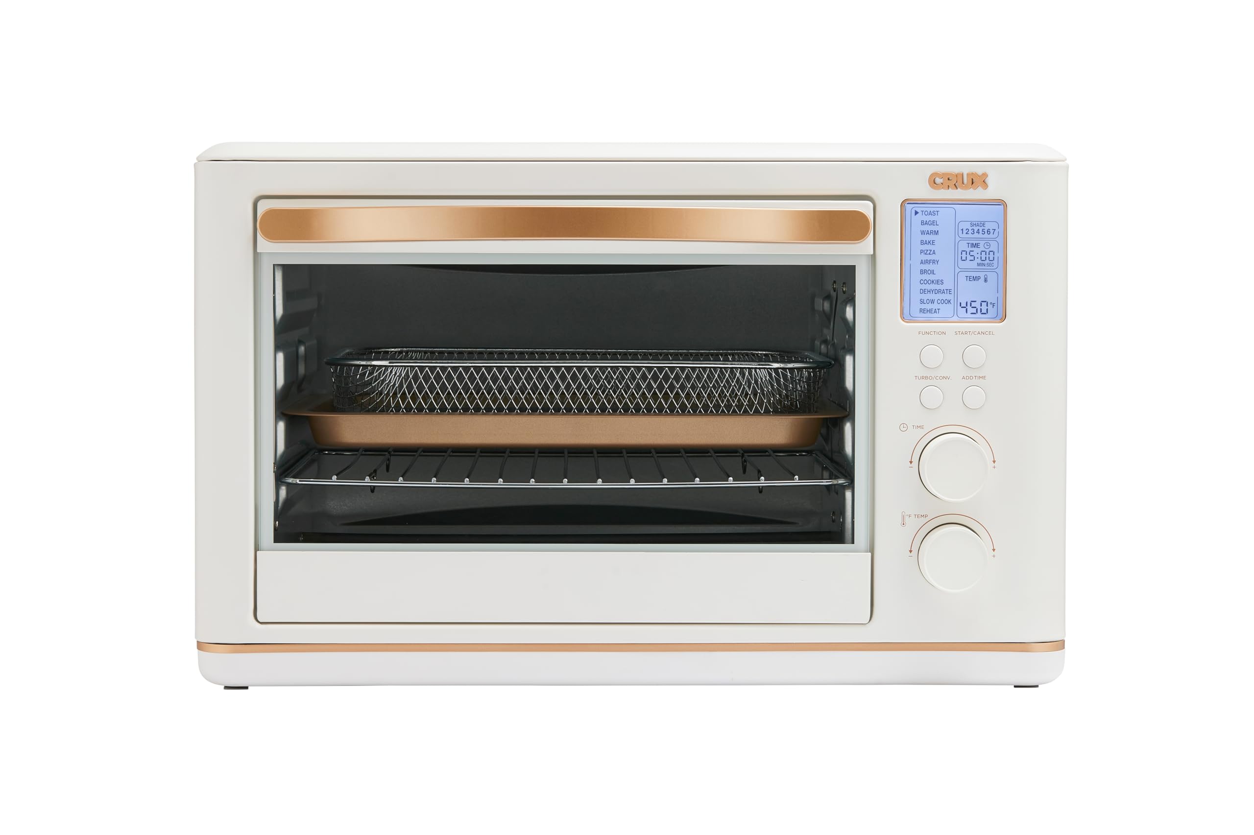 CRUX 6 Slice Digital Toaster Oven with Air Fry, TurboCrisp Technology with 11 Cooking Options, Adjustable Temperature and Removable, PFOA Free, Dishwasher-Safe Accessories, 1800W, White