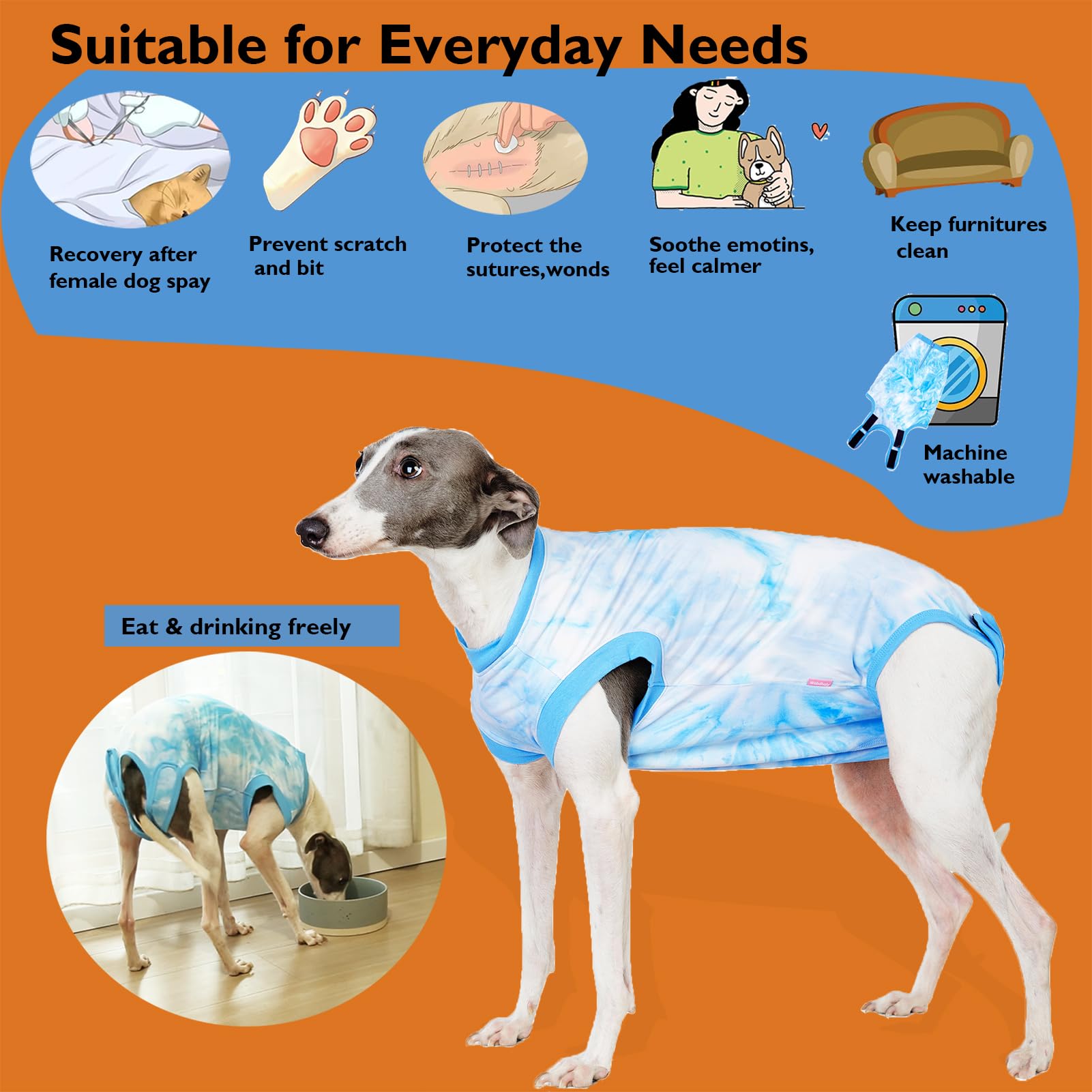 Wabdhaly Dog Surgery Recovery Suit for Female Spay,Tie Dye Blue Dogs Surgical Recovery Onesie,Soft Breathable Cotton,Prevent Licking Scratching Small Puppy Suit,S Tie Dye Blue