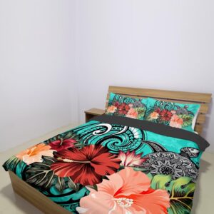 gearider Tropical Hibiscus Floral Pattern Duvet Cover Set, Turtle Washed Bedding Set, Polynesian Style Soft Comfy Duvet Cover, Size King