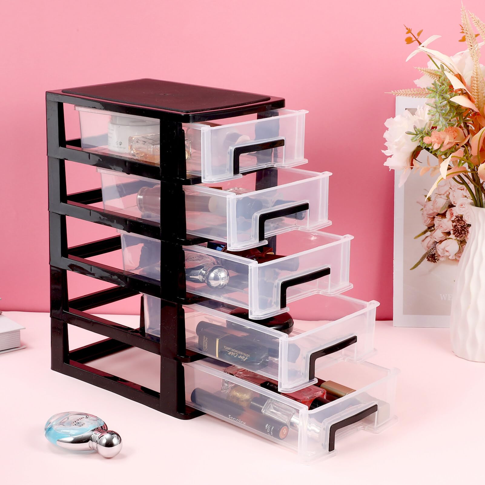 STOBOK Plastic Storage Drawers 5 Layers Clear Storage Bins with Black Frame Space Saving Organizer Drawers for Crafts Tools Jewelry Stationary