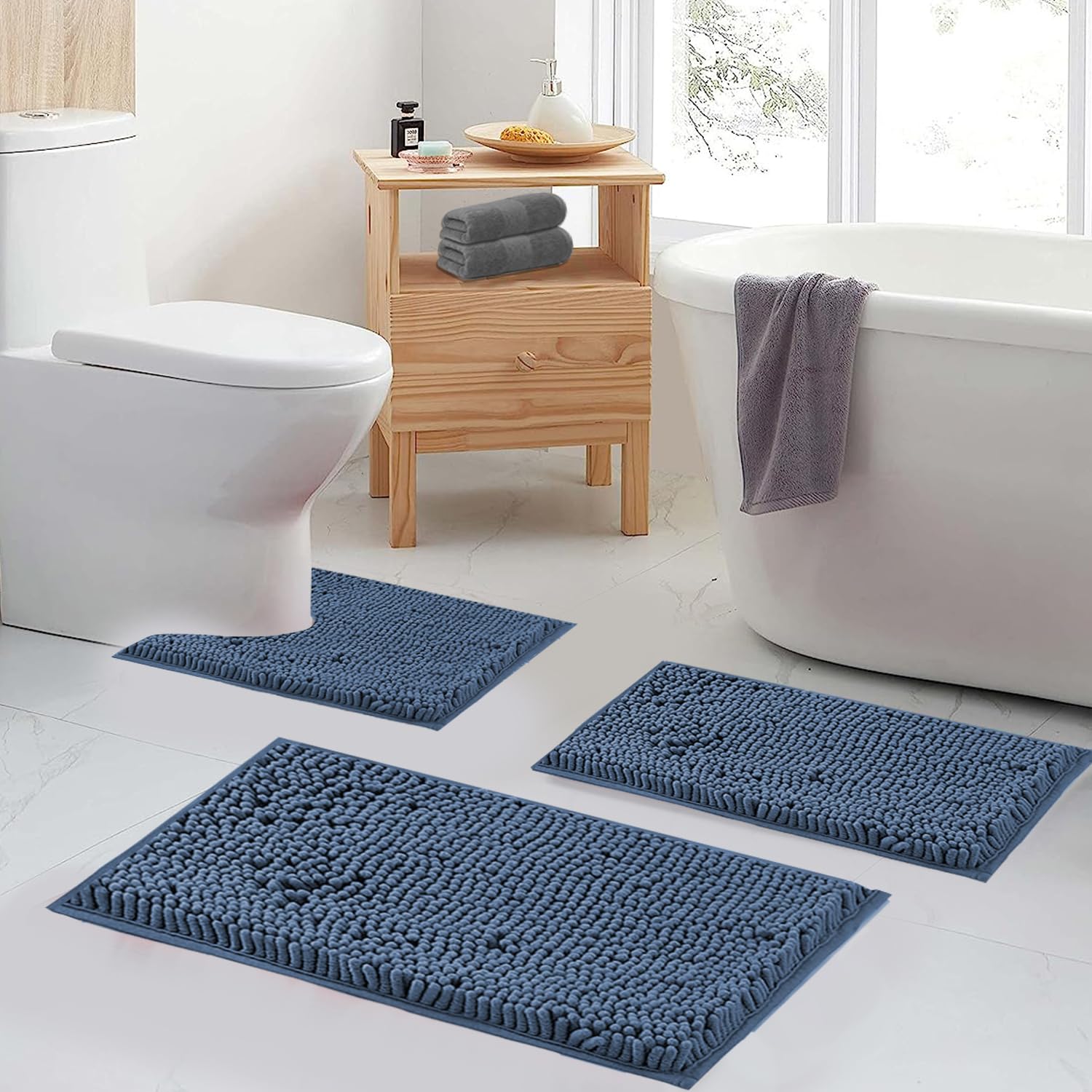 Blue Bath Toilet Rugs Chenille Bath Mats Set 2 Piece Extra Soft and Absorbent Shaggy Rugs, Machine Wash and Dry, Perfect Plush Bath Mats for Tub, Shower, Bathroom ​Decor, Washable Carpets Set