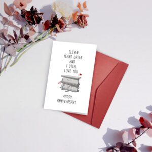 SuperShunhu Funny 11 Years Anniversary Card, 11th Anniversary Card for Him Her, Steel Anniversary Pun Card for Husband or Wife, Eleven Years Later and I Steel Love You