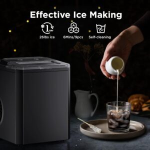 BEBISUNY Countertop Ice Maker, 9 Cubes Ready in 6 Mins, 26lbs in 24Hrs, Self-Cleaning Ice Machine with Ice Scoop and Basket, 2 Sizes of Bullet Ice for Home Kitchen Office Bar Party, Black