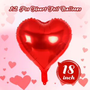 12 Pcs Red Heart Balloons,18 Inch Heart Foil Balloons Love Balloons Valentine Balloons for Birthday Party Wedding Engagement Party Baby Shower Valentine Day Decorations (red)