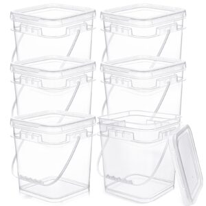 domensi 6 pcs clear square bucket with lid food buckets ice cream plastic buckets with handle reusable freezer containers industrial pails for paint storage for kitchen home(1.5 gallon)