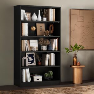 Soohow 5 Shelf Bookcase,60 Inch Wood Tall Bookshelves for Living Room,Black