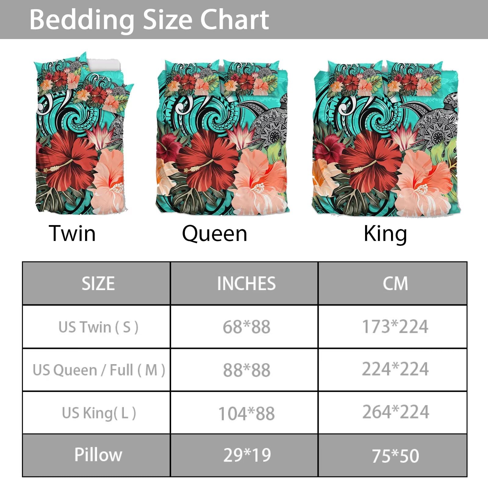 gearider Tropical Hibiscus Floral Pattern Duvet Cover Set, Turtle Washed Bedding Set, Polynesian Style Soft Comfy Duvet Cover, Size King