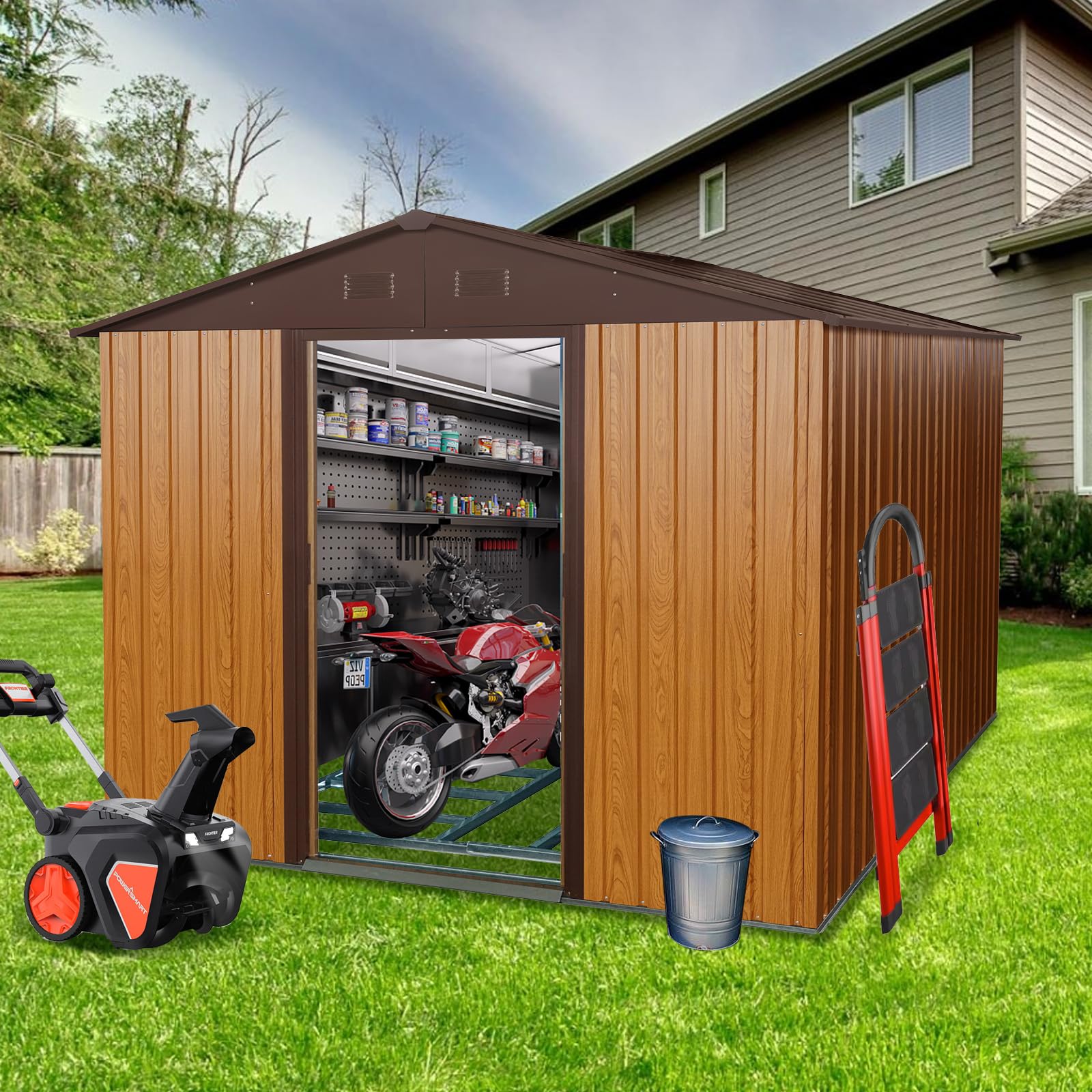 YOPTO 10x8 FT Outdoor Storage Shed, Garden Tool House with Metal Floor Base, Double Sliding Doors, Air Vents, Storage Clearance for Backyard, Patio, Garage, Lawn, Coffee