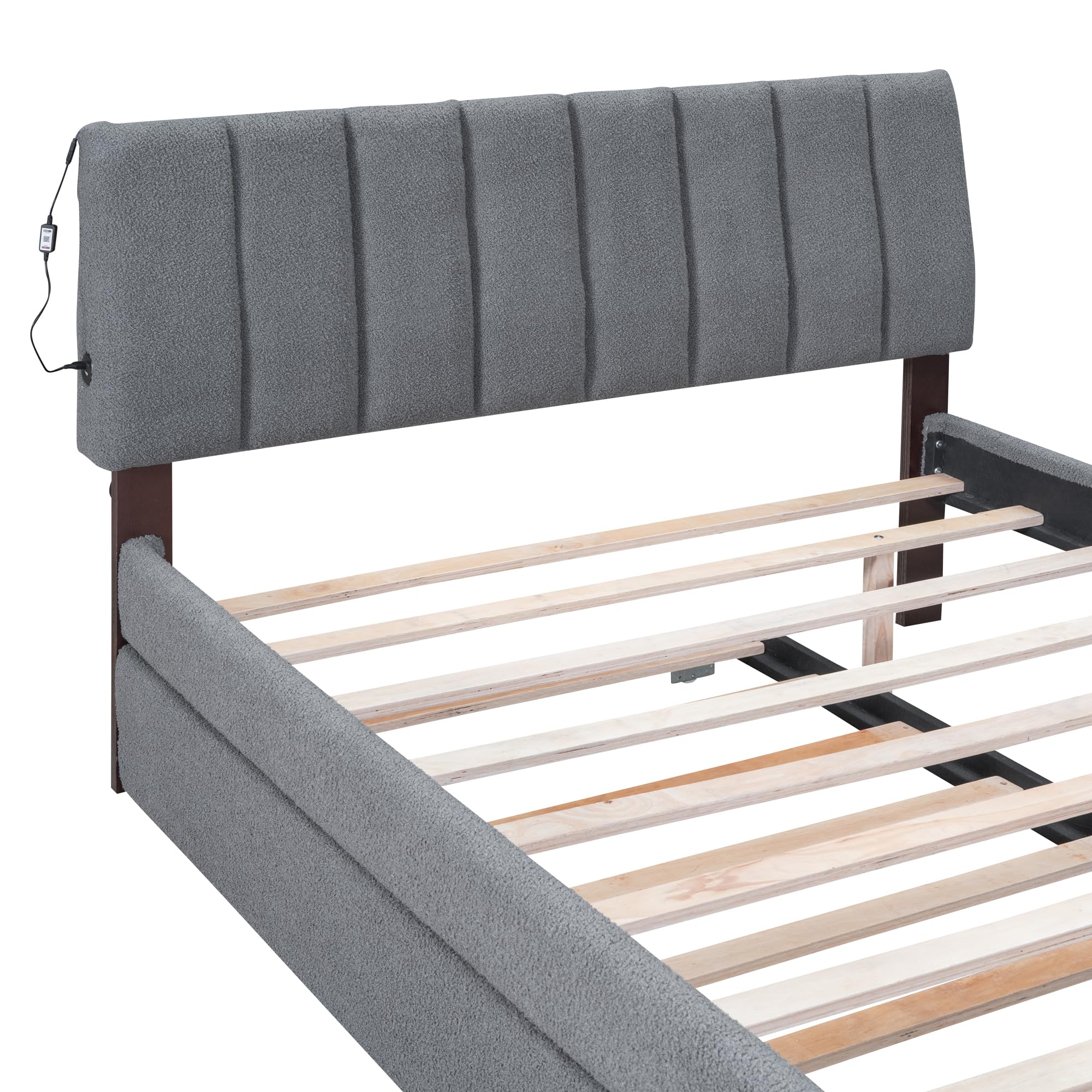 Favfurish Teddy Fleece Full Size Upholstered Platform Bed with Trundle & LED Lights, Wooden Bedframe,No Box Spring Needed, w/Wood Slat Support,for Bedroom,Guest Room, Gray