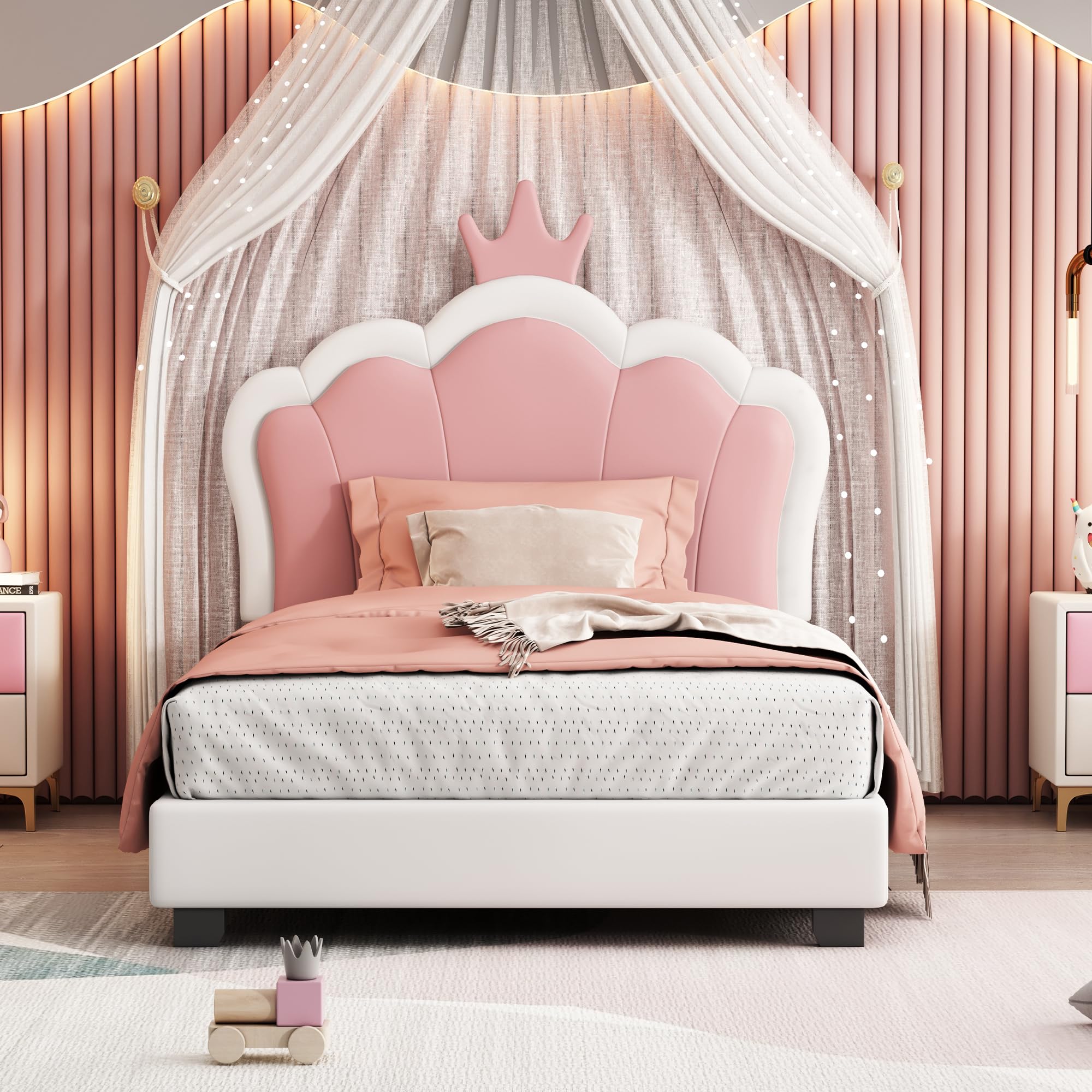 GYYBED Twin Size Upholstered Princess Bed with Crown Headboard,Princess Bed Frame for Girls,Pink Bed Frame cama para niña (Twin)