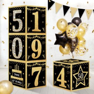 eucutur 4pcs 50th birthday decorations boxes for men women, black gold happy 50th birthday vintage 1974 balloons boxes party supplies, fifty years old birthday decorations card box decor