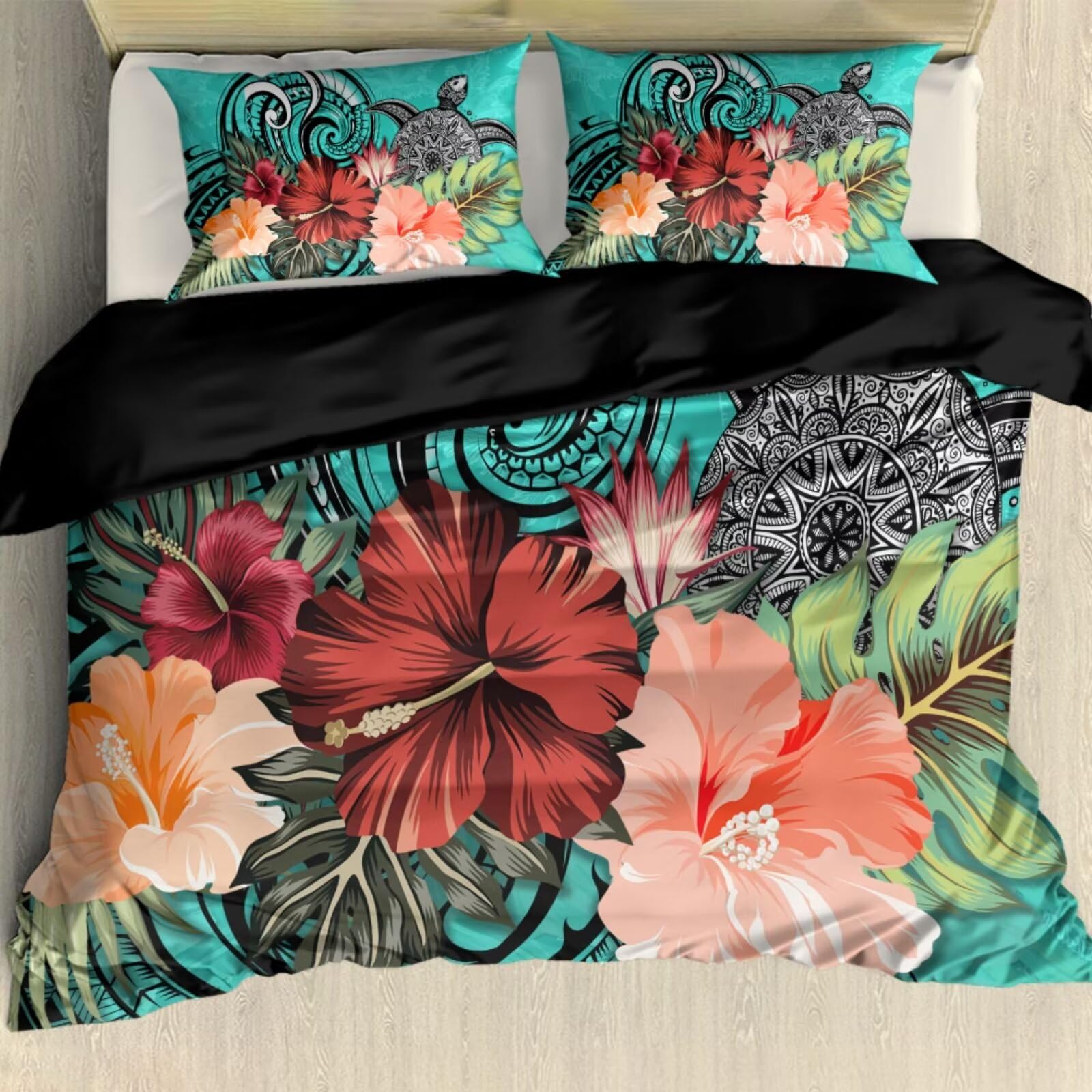 gearider Tropical Hibiscus Floral Pattern Duvet Cover Set, Turtle Washed Bedding Set, Polynesian Style Soft Comfy Duvet Cover, Size King