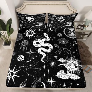 black white snake fitted sheet full size,sun moon stars constellation bed sheet 3pcs,boho dream catcher bedding sheets kids girls boys adult room decor gothic exotic deep pocket sheet,2 pillowcases