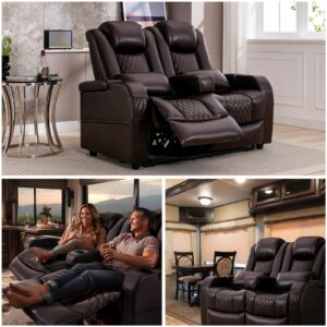 Attliahome 57" RV Loveseat Recliner, Double Recliner Furniture with 3 Arms and 2 Pillows, Wall Hugger Recliners & 135° Reclining Theater Seating (Brown PU Leather RV Couch)