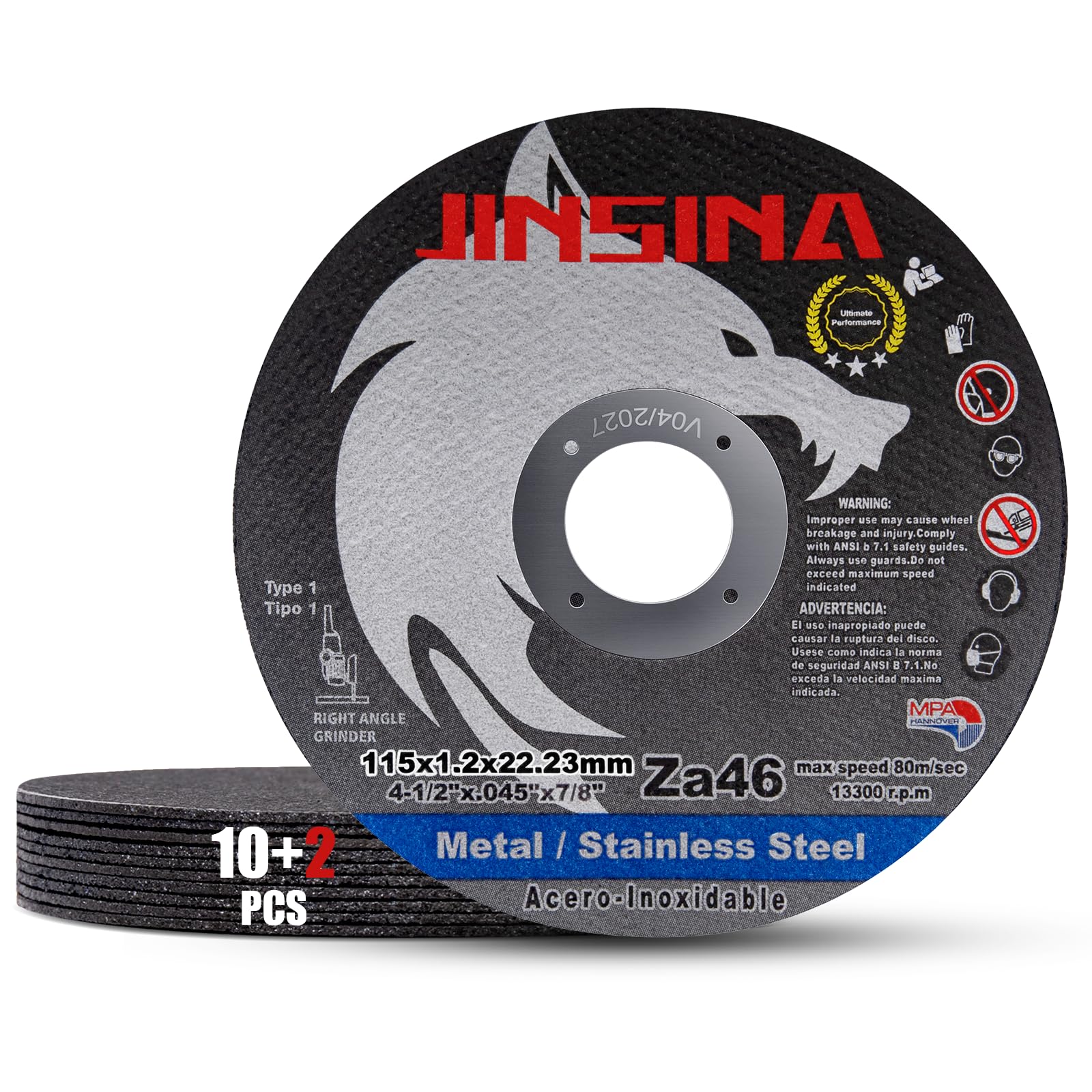 JINSINA Cut Off Wheels 12 PCS, 4 1/2 Inch Metal and Stainless Steel Cutting Wheel, Fast Cutting Disc for Angle Grinder (4-1/2 x .045 x 7/8inch) 10+2pcs