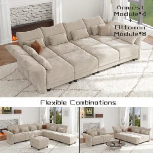 LLappuil 8 Seater Modular Sectional Sofa Deep Seat 114 Inch Large Chenille Sectional Couches for Living Room with Reversible Ottoman, Adjustable Armrest Backrest, Khaki