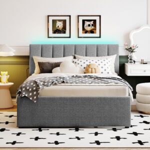 favfurish teddy fleece full size upholstered platform bed with trundle & led lights, wooden bedframe,no box spring needed, w/wood slat support,for bedroom,guest room, gray