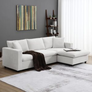 Tmsan 100.4" Modular Sectional Sofa Cloud Couch for Living Room, Modern Convertible L Shaped Couch Set with Ottoman, 4 Seater Polyester Fabric Sofa with 2 Pillows for Apartment Office (White)