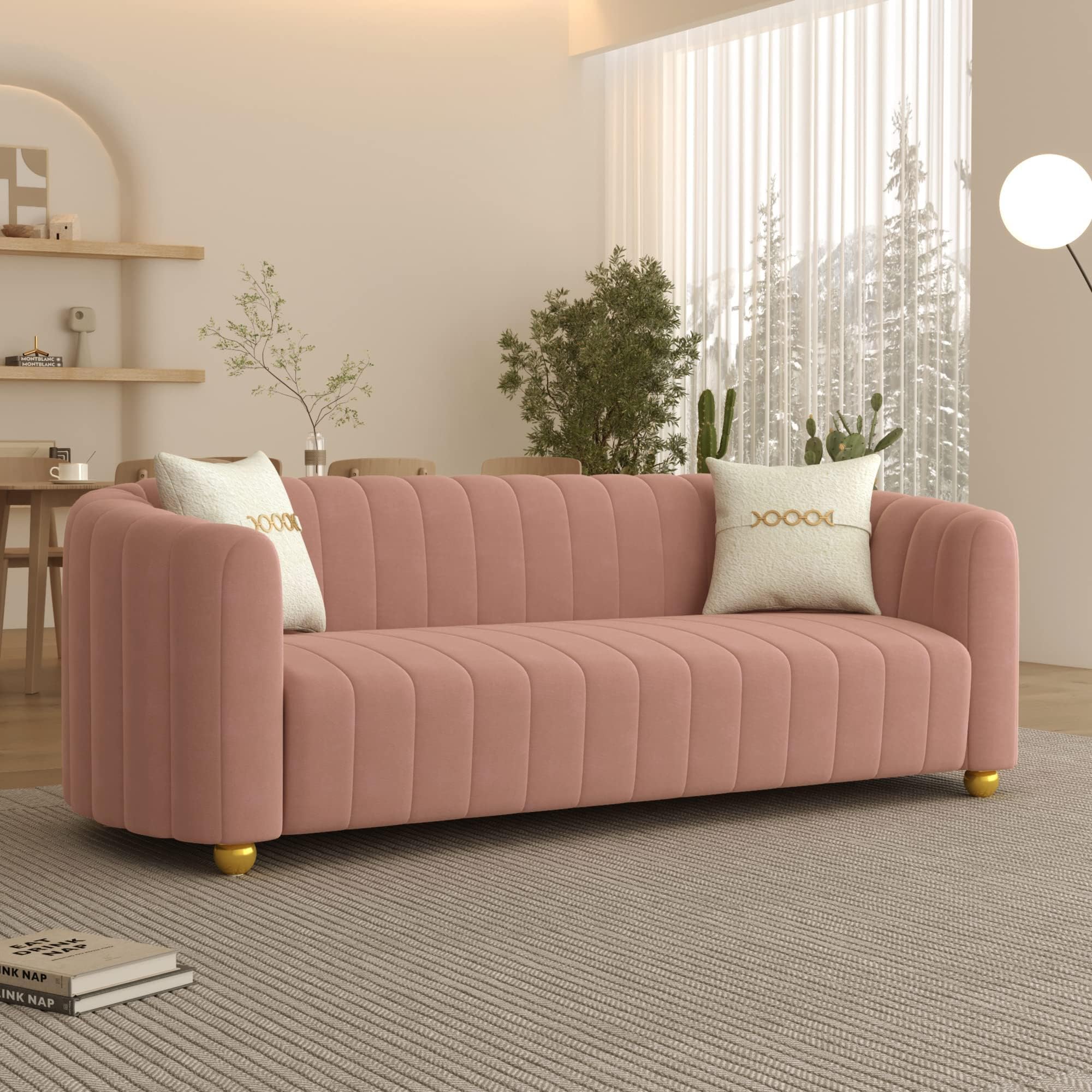 STORFENBOR 83" Pink Velvet Sofa Mid Century Modern Couch for 3 Person Chesterfield Tufted Velvet Couches with 2 Pillows for Living Room Apartment Bedroom Office