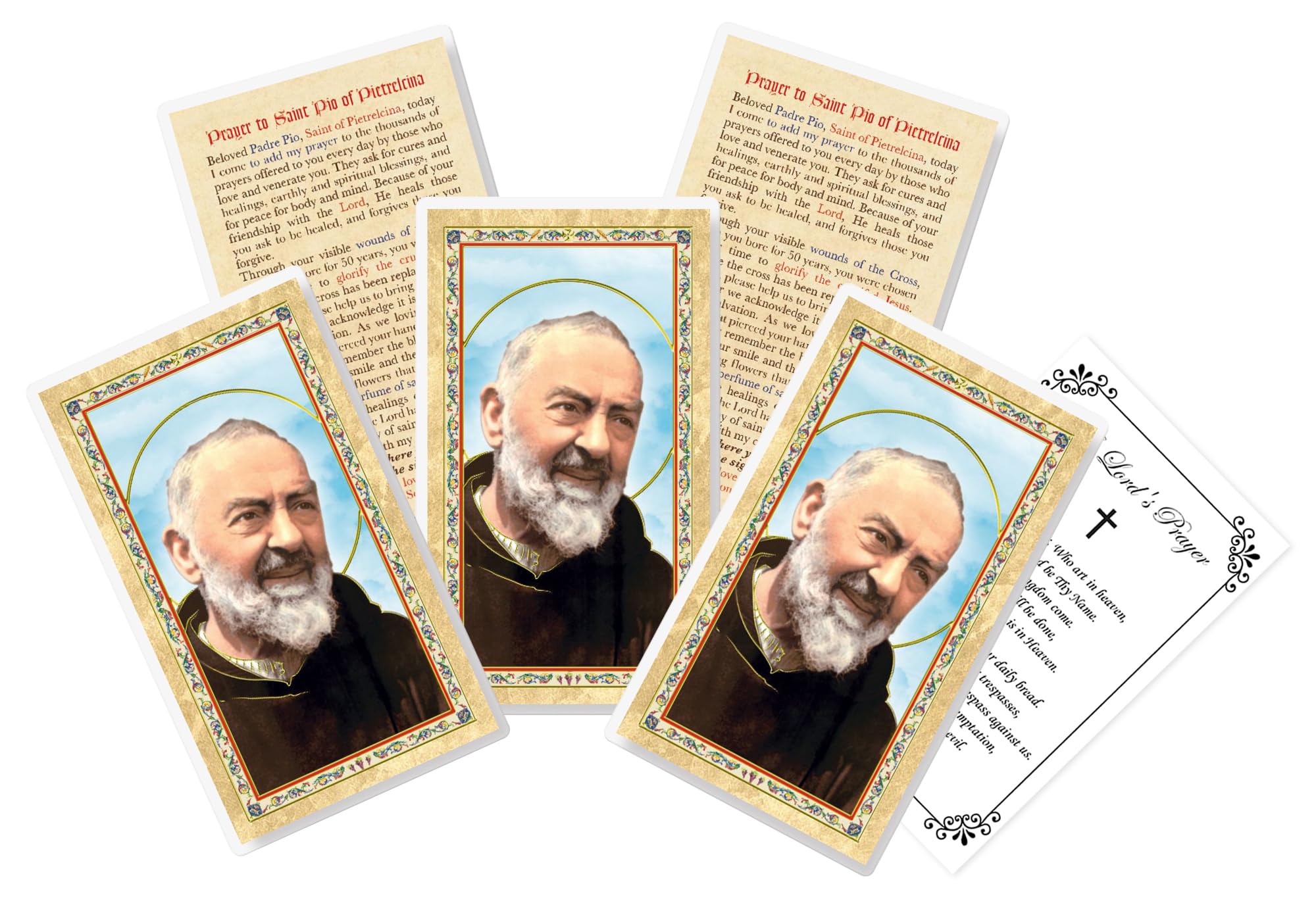 Father Pio Prayer Card - The Lord's Prayer - 5 Laminated Double Sided Padre Pio Holy Card for Daily Prayers - Padre Pio Healing Prayer Card, Patron Saint of Stress Relief Themed Set, 6 Items