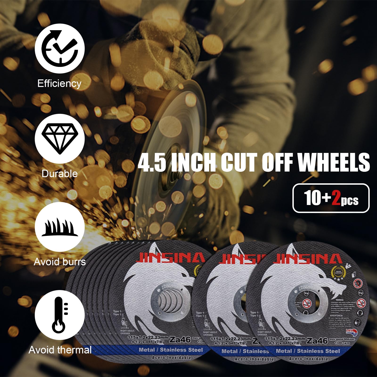 JINSINA Cut Off Wheels 12 PCS, 4 1/2 Inch Metal and Stainless Steel Cutting Wheel, Fast Cutting Disc for Angle Grinder (4-1/2 x .045 x 7/8inch) 10+2pcs