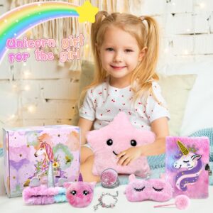 Lobimelan Unicorns Gifts for Girls Toys 6 7 8 9 10 Year Old Tie-Dye Playset Includes Star Stuffed Mirror Diary Eyemask Headband Purse Pen Bracelet and Sock