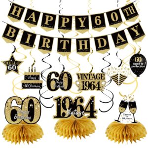 eucutur happy 60th birthday banner decorations for men women, 10pcs black gold 60 birthday banner vintage 1964 honeycomb centerpieces swirls kit party supplies, sixty bday ceiling table topper decor