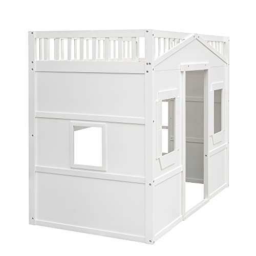 BOVZA Twin Size House Loft Bed, Wooden Bed Frame with Ladder, Kids Playhouse Bed with Window for Girls Boys, White