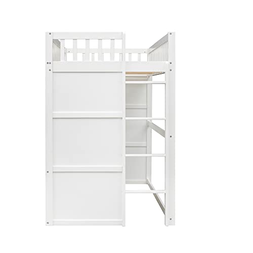 BOVZA Twin Size House Loft Bed, Wooden Bed Frame with Ladder, Kids Playhouse Bed with Window for Girls Boys, White