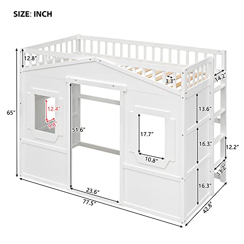 BOVZA Twin Size House Loft Bed, Wooden Bed Frame with Ladder, Kids Playhouse Bed with Window for Girls Boys, White