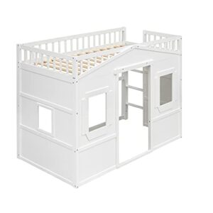 BOVZA Twin Size House Loft Bed, Wooden Bed Frame with Ladder, Kids Playhouse Bed with Window for Girls Boys, White