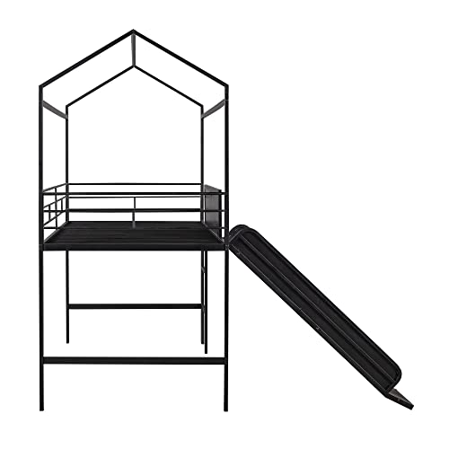 BOVZA Twin Size House Loft Bed with Slide and Ladder, Metal Loft Bed Frame with 2 Sided Writable Wooden Board and Roof for Kids Boys Girls Bedroom, Black