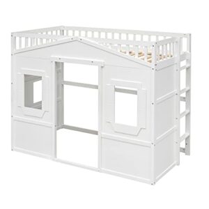 BOVZA Twin Size House Loft Bed, Wooden Bed Frame with Ladder, Kids Playhouse Bed with Window for Girls Boys, White