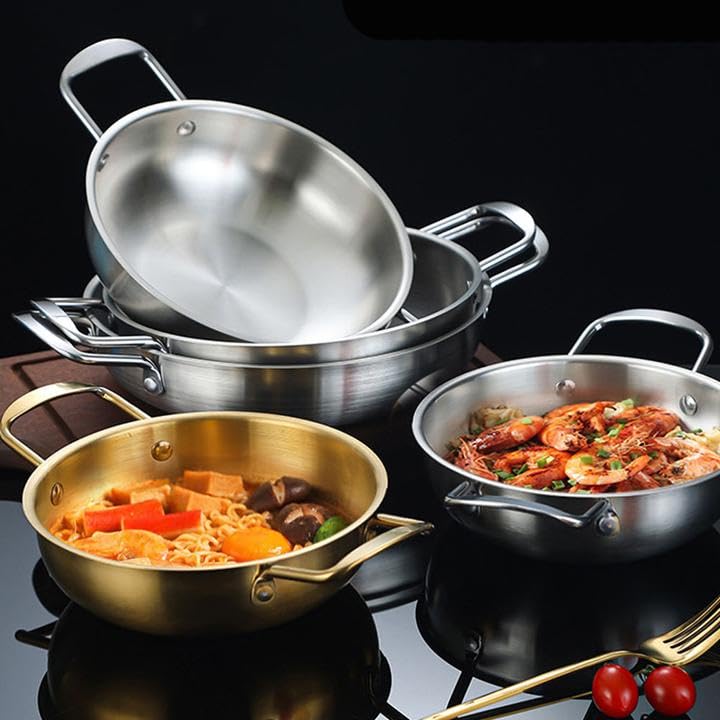 MBBITL Paella Pan Skillet Pan Gold Stainless Steel Serving Pan 8.6 Inches for Hot Pot Dry Pot Seafood Cooking