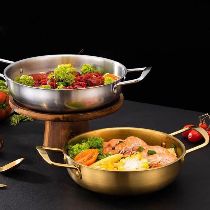 MBBITL Paella Pan Skillet Pan Gold Stainless Steel Serving Pan 8.6 Inches for Hot Pot Dry Pot Seafood Cooking