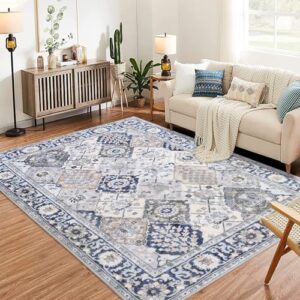 gaomon vintage floral area rug, 9x12 non-slip stain resistant washable indoor print carpet for living room kitchen entryway bathroom bedroom office, beige blue