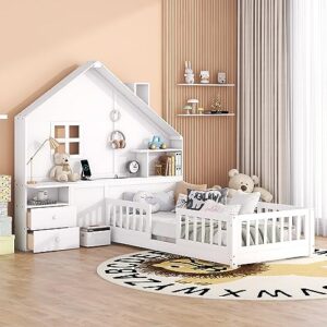 bovza wooden house montessori floor twin bed for kids with window and bedside drawers, platform bed with shelves and a set of sockets and usb port, white